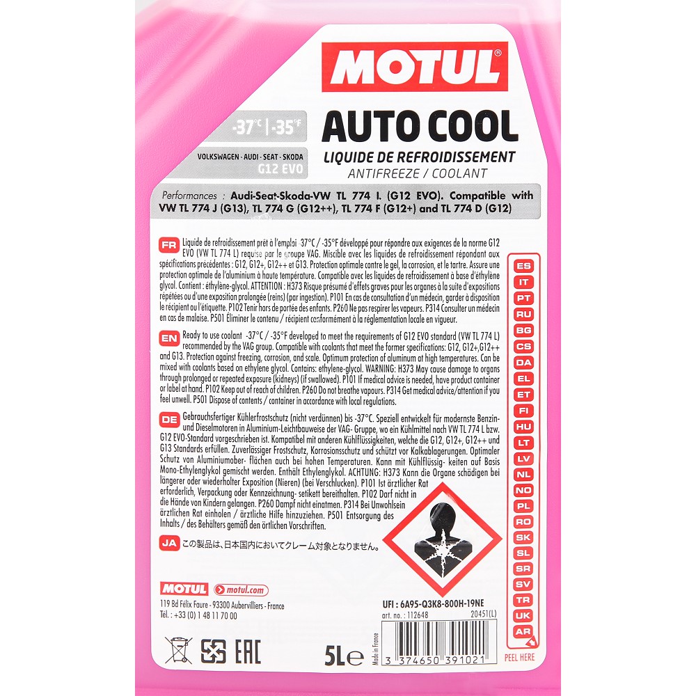 Liquide de refroidissement MOTUL AUTO COOL G12 EVO lobrid tech -37°C - rose - 5 Litres ...