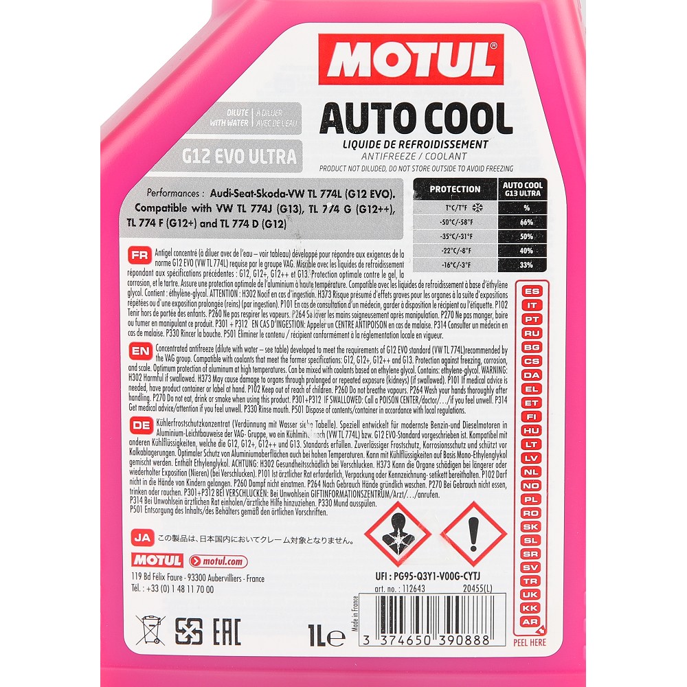 Liquide de refroidissement concentré MOTUL AUTO COOL G12 EVO ULTRA lobrid tech - rose - 1 Litre ...