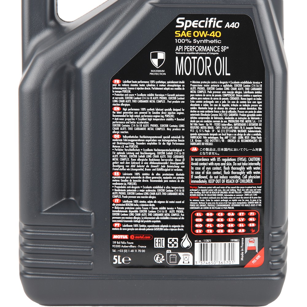 Huile moteur MOTUL Specific PORSCHE A40 0W40 - 100% synthèse - 5 Litres ...