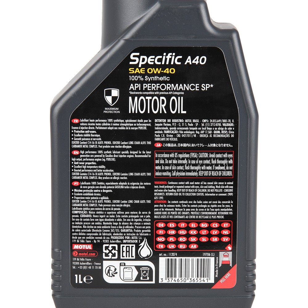 Huile moteur MOTUL Specific PORSCHE A40 0W40 - 100% synthèse - 1 Litre ...